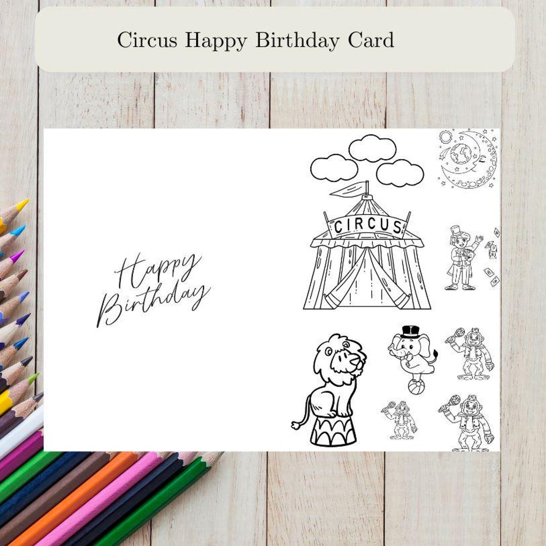 Printable Circus Birthday Card: Kids Colouring Activity (A4 Foldable ...
