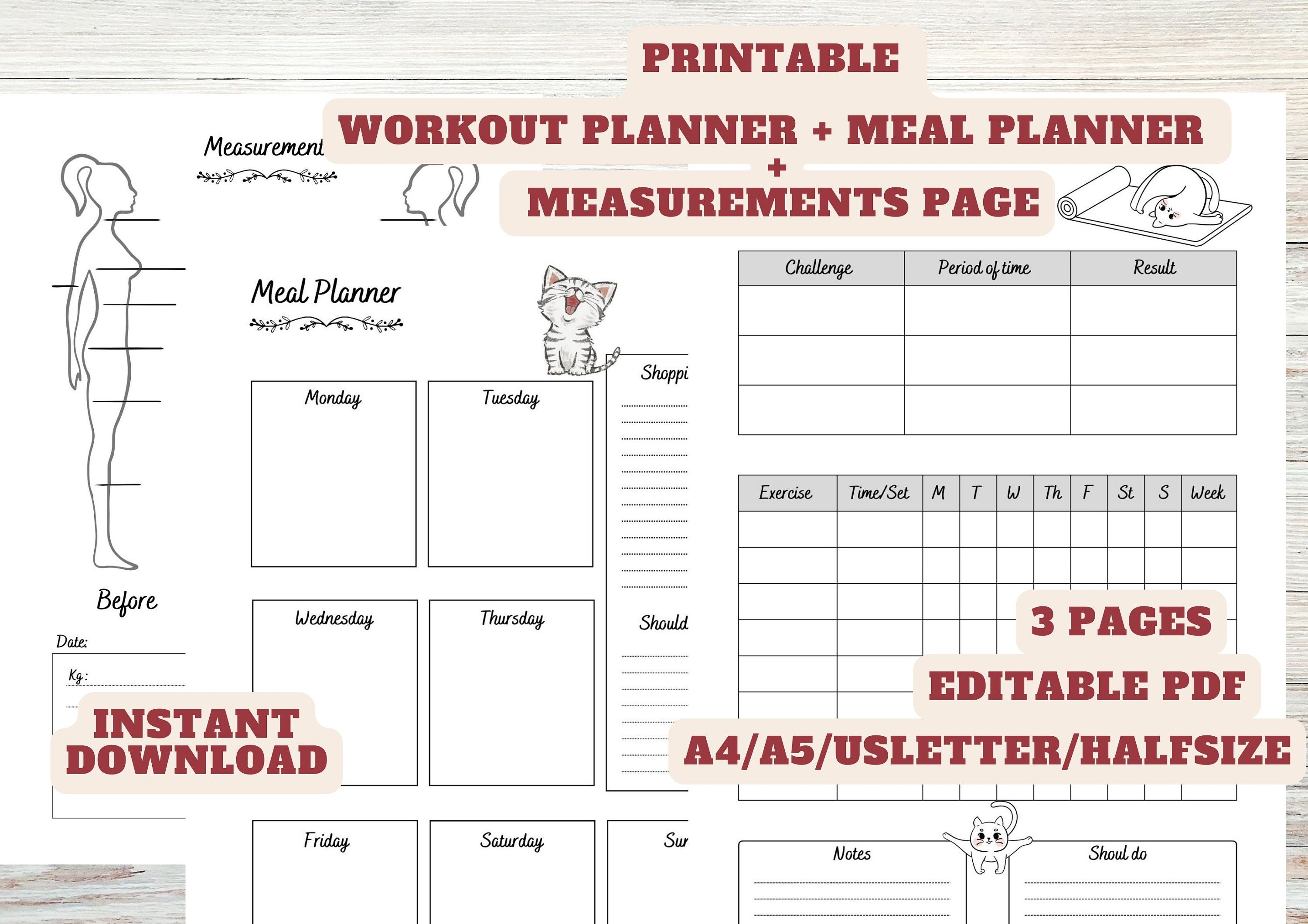 Printable Workout Planner Printable Meal Planner Measurements Goal ...