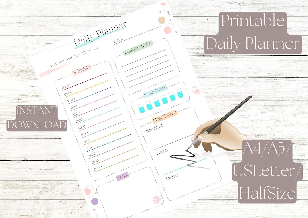 Daily Planner Printable One Page Daily Planner Digital Planner Simple ...
