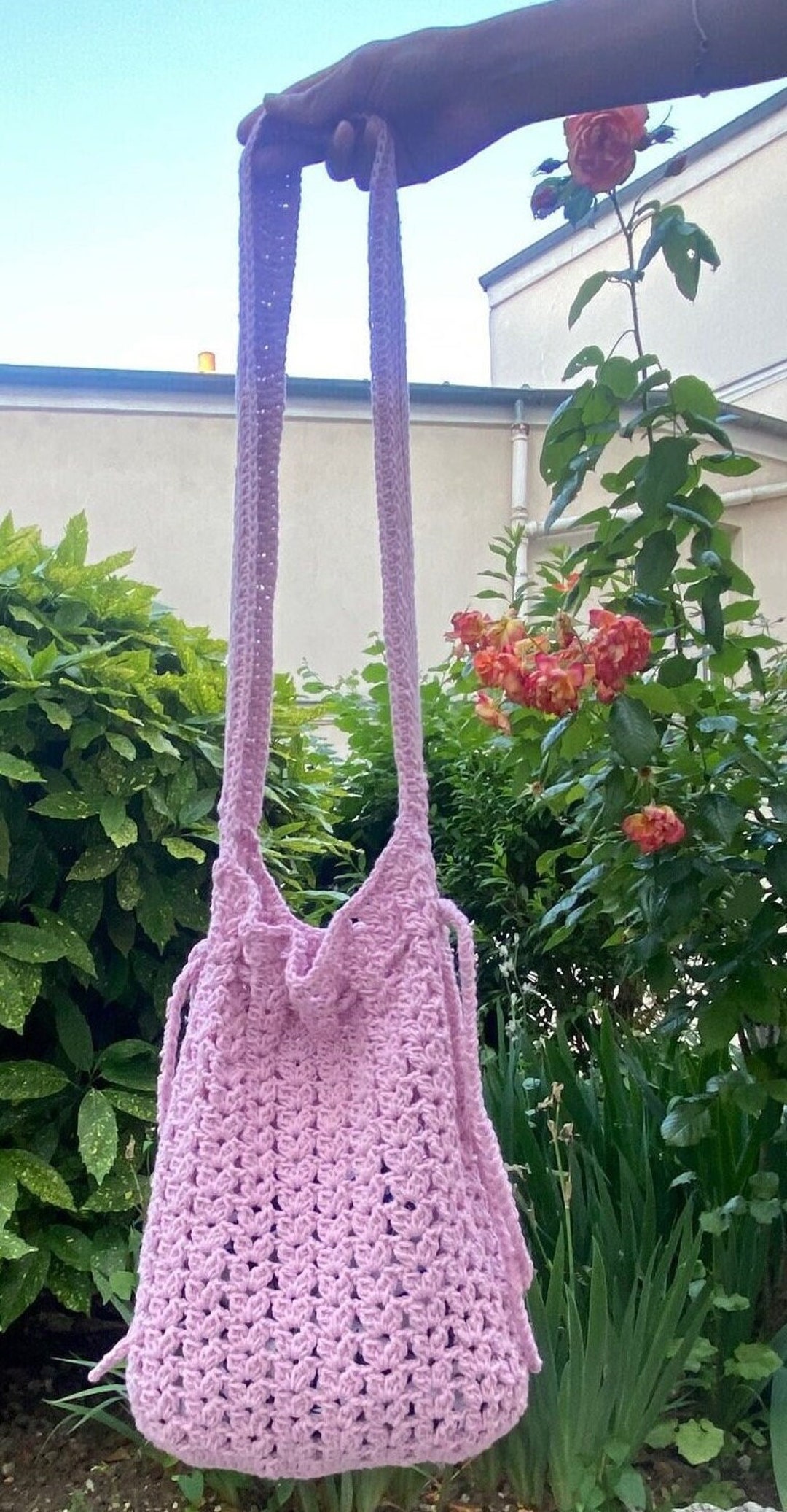 Pastel Petals: Romantic Pink Crochet Drawstring Bag, Handmade, Summer ...