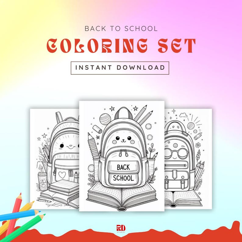 Adorable Backpack Coloring Pages - Instant Download | Cute School ...