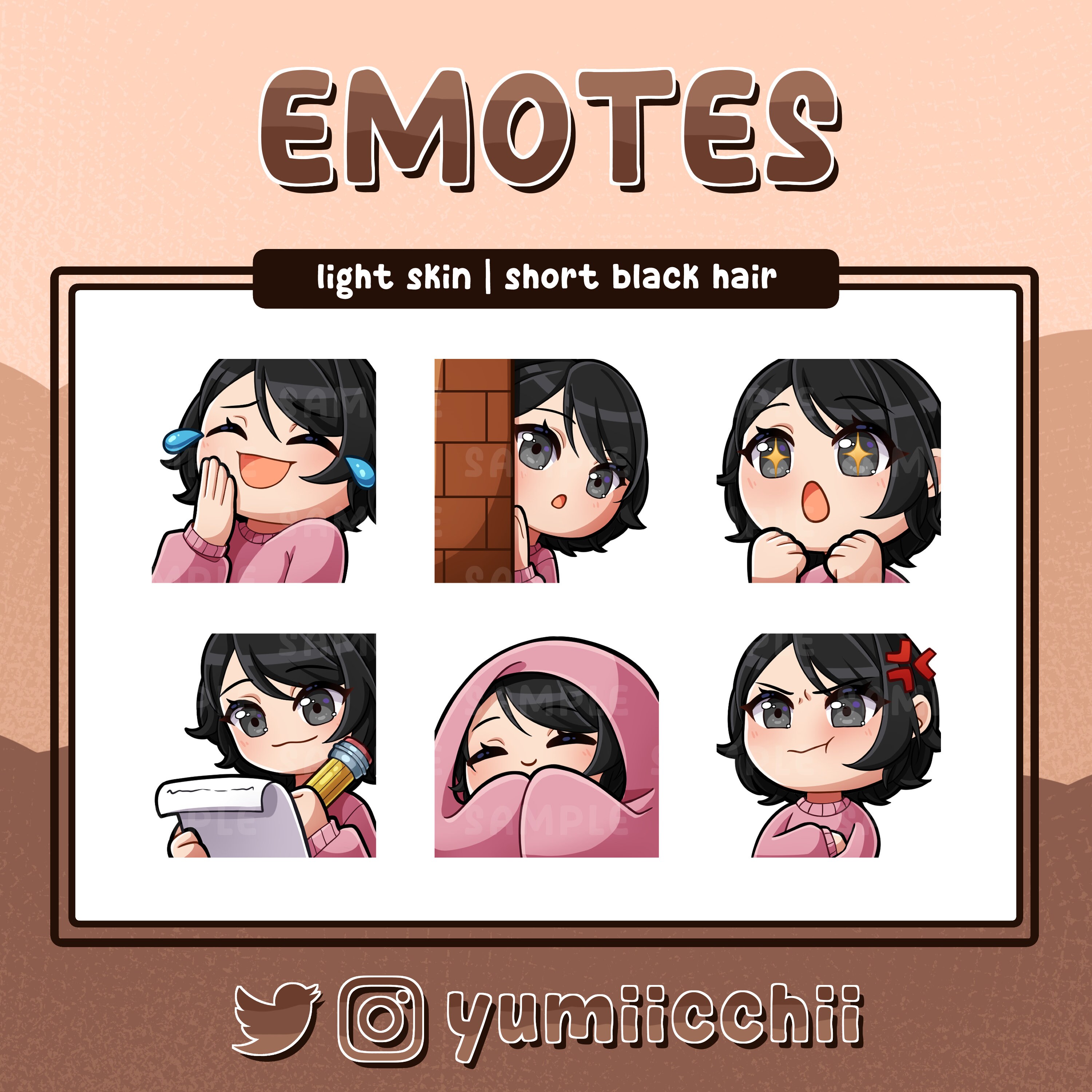 Cute Chibi Girl Emote Pack, Short Brown, Red, Blonde, Black Hair, Light ...