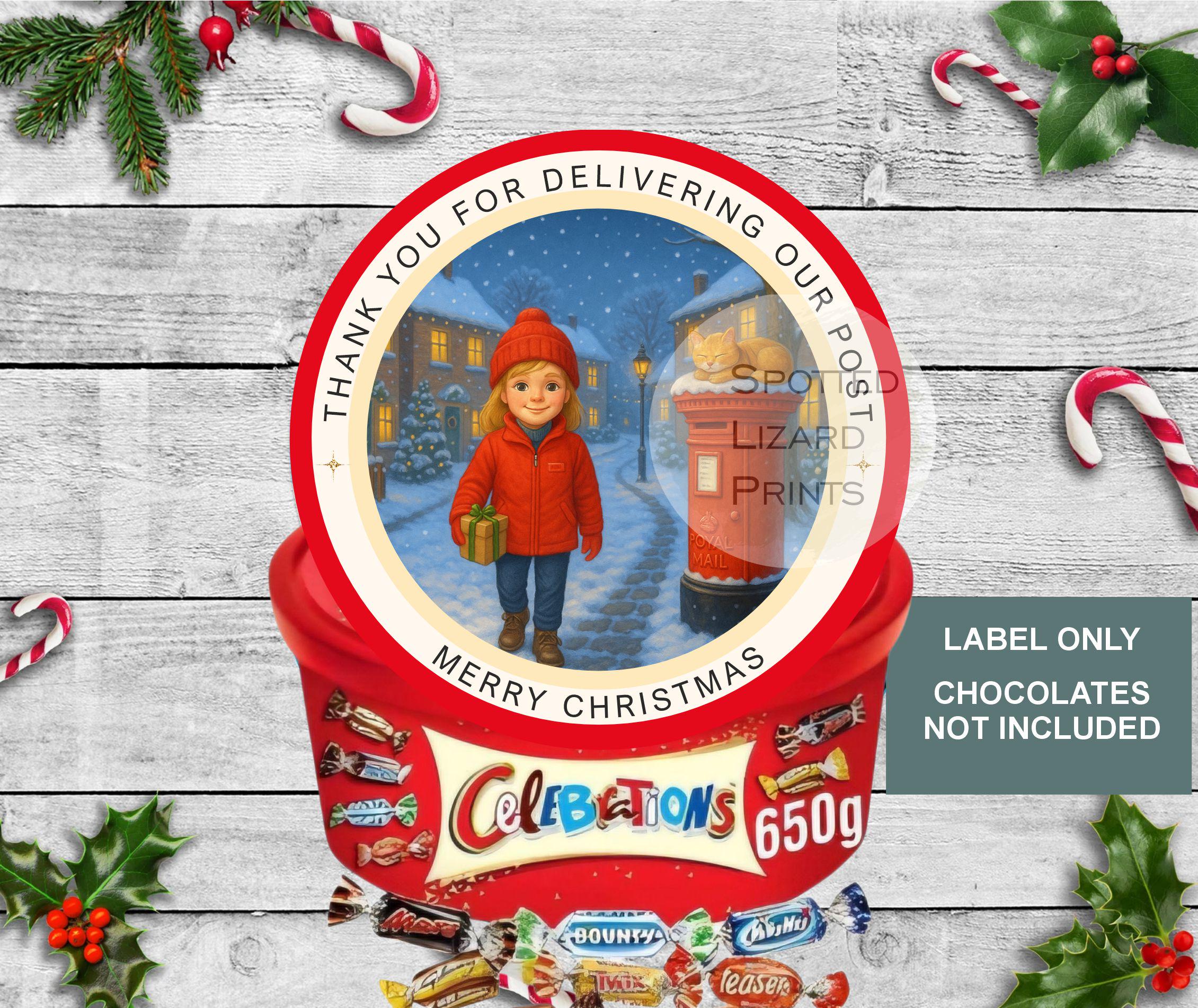Postman or Post Lady Christmas Chocolate Tub Labels, Delivery Stickers ...