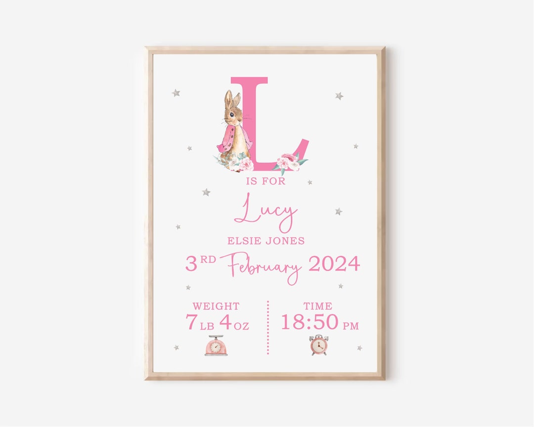 Personalised Peter Rabbit Baby Print, Nursery Poster, Birth and Weight ...