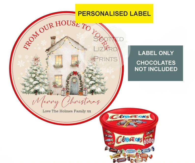 Personalised Christmas Chocolate Tub Labels, From Our House Family ...