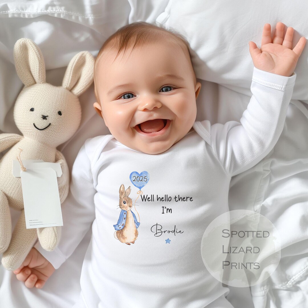 Personalised Peter Rabbit Born in 2025 Baby Vest, Baby Sleepsuit- Hello ...