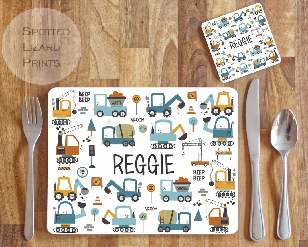 Personalised Diggers Placemat and Coaster Set, Kid's Dinner Set ...