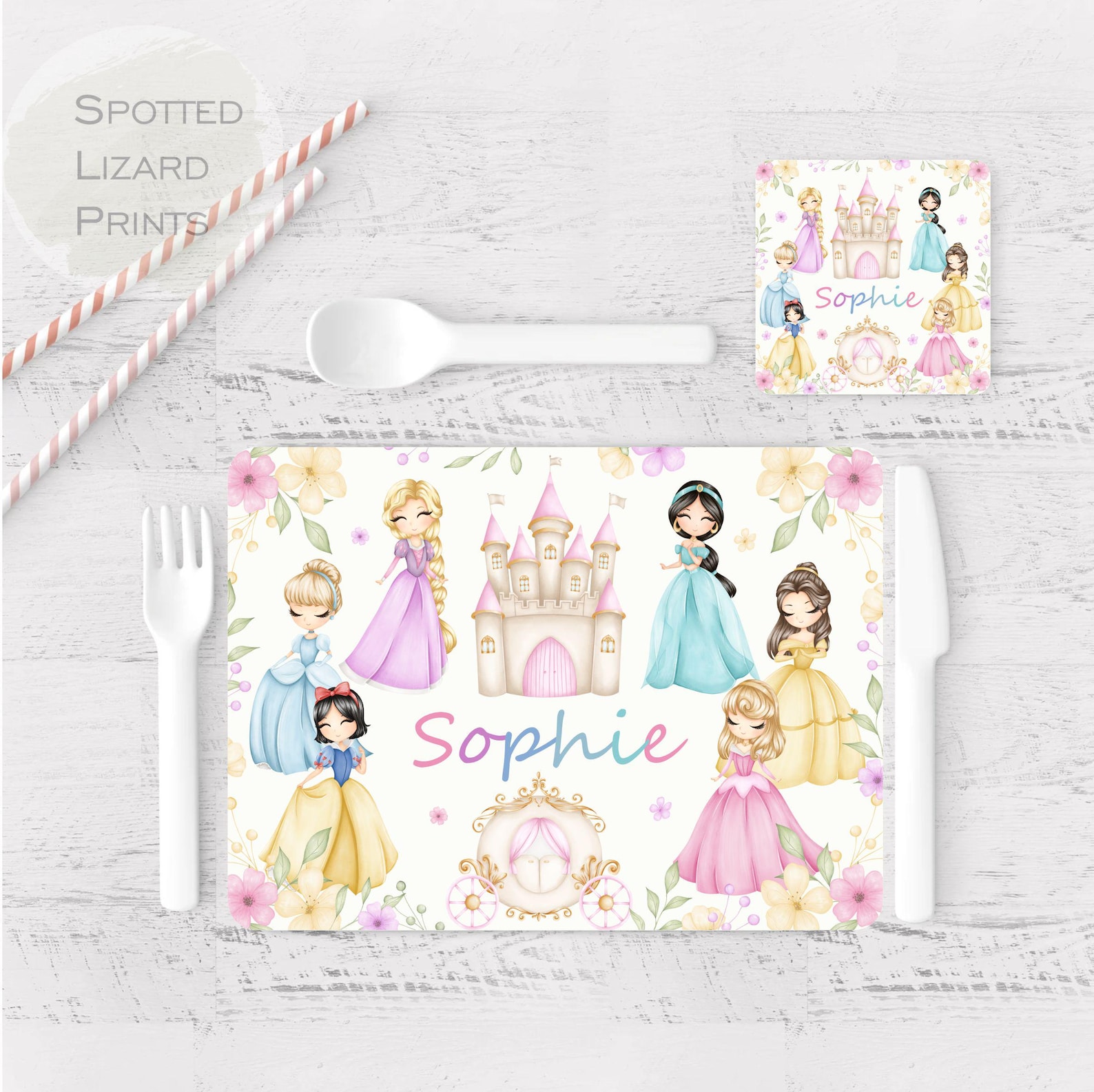 Personalised Princess Placemat & Coaster Set for Kids, Custom Name ...