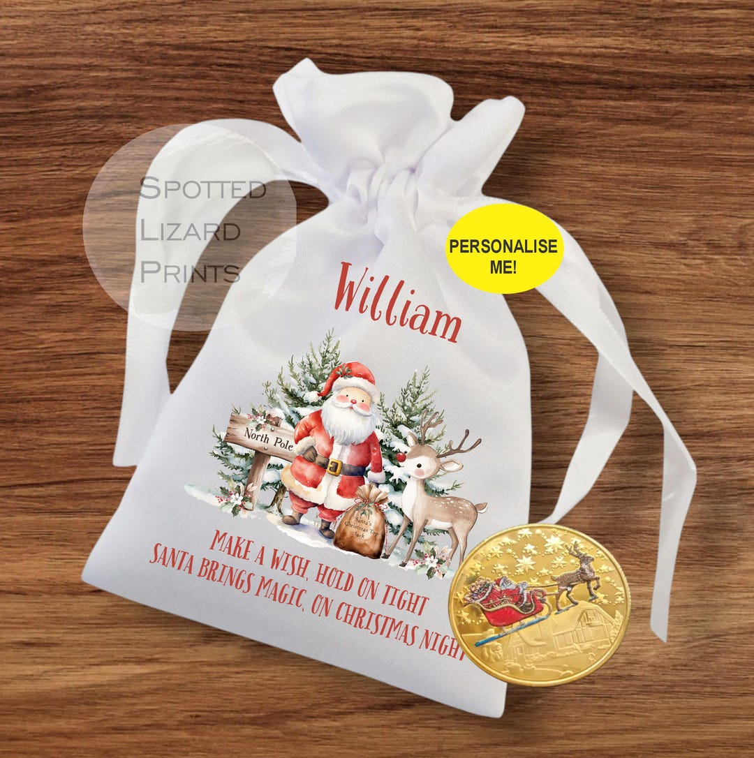 Personalised Christmas Wish Bag With Santa Coin, Xmas Eve Wish Pouch ...
