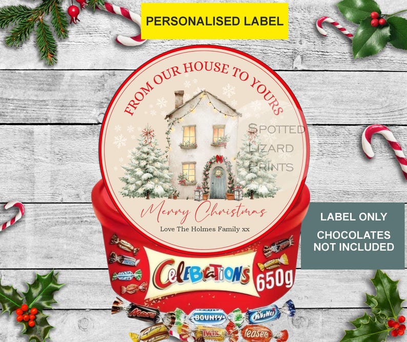 Personalised Christmas Chocolate Tub Labels, From Our House Family ...