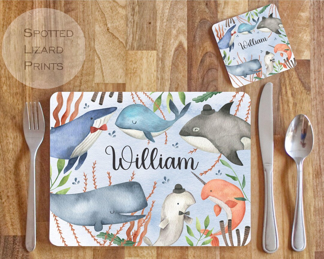 Personalised Whales Placemat and Coaster Set, Kid's Dinner Set, Whales ...