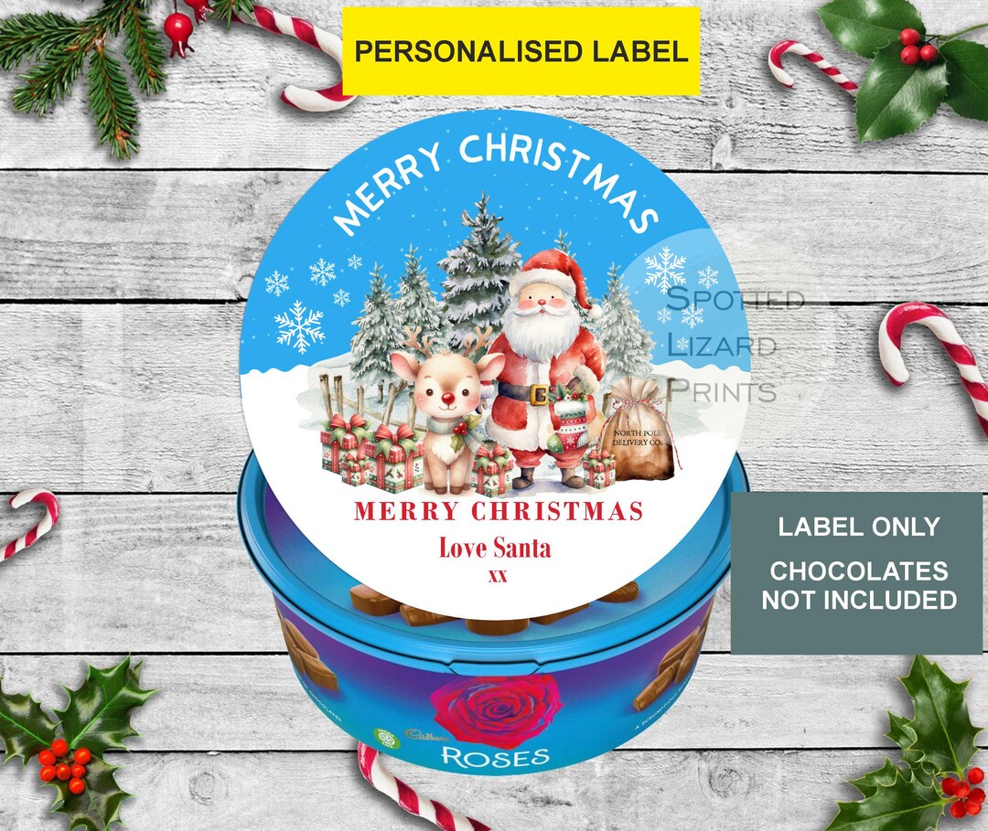 Personalised Christmas Chocolate Tub Label, Merry Christmas Sticker ...