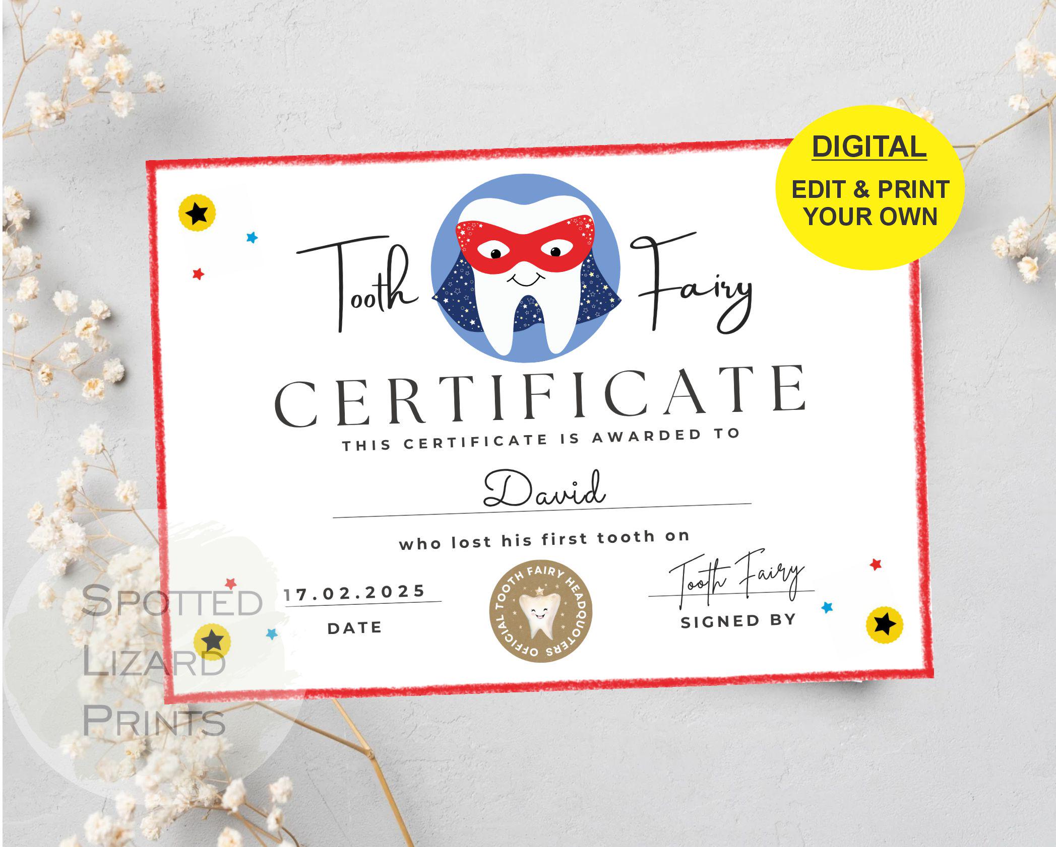 Editable Tooth Fairy Certificate Canva Template | Personalised Tooth ...