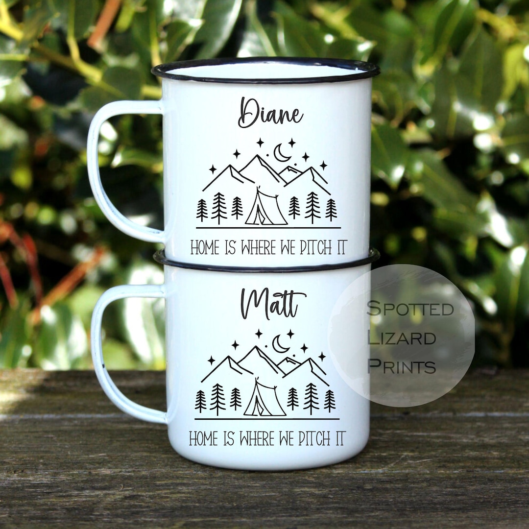 Personalised Couple Camping Mug Set | Adventure Awaits Enamel Mugs ...