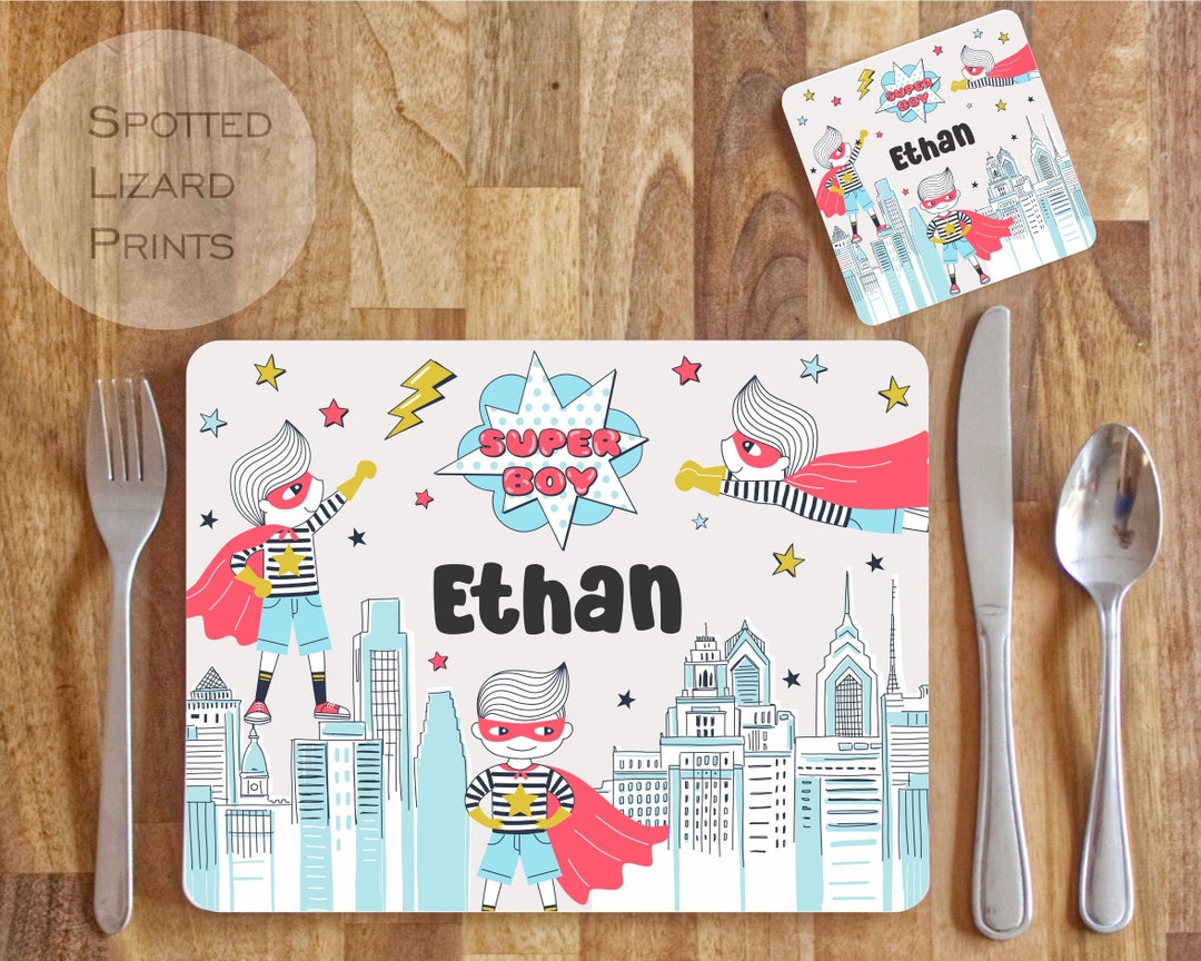 Personalised Superhero's Placemat and Coaster Set, Kid's Dinner Set ...