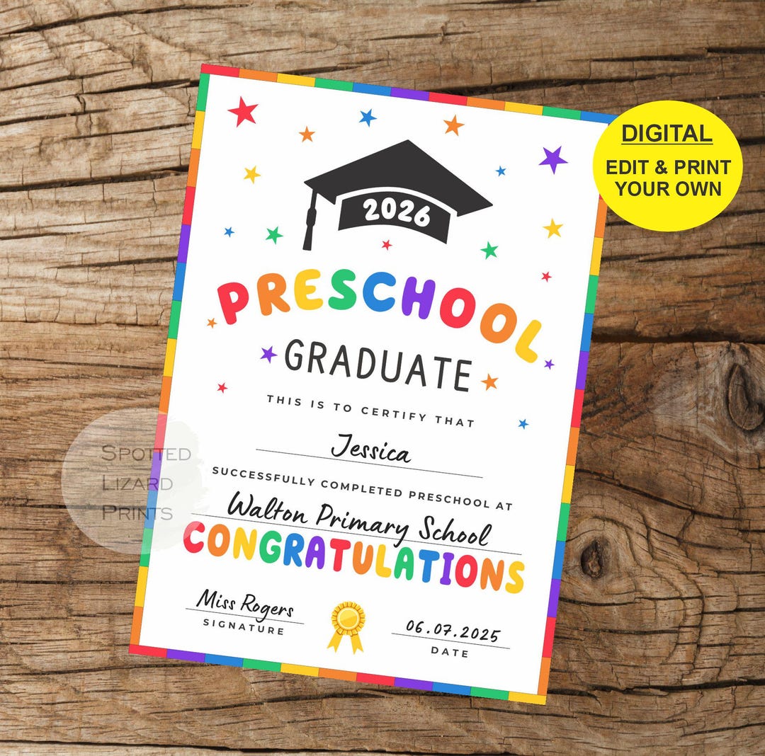 EDITABLE Preschool Graduation Certificate, Graduation Certificate, Last ...
