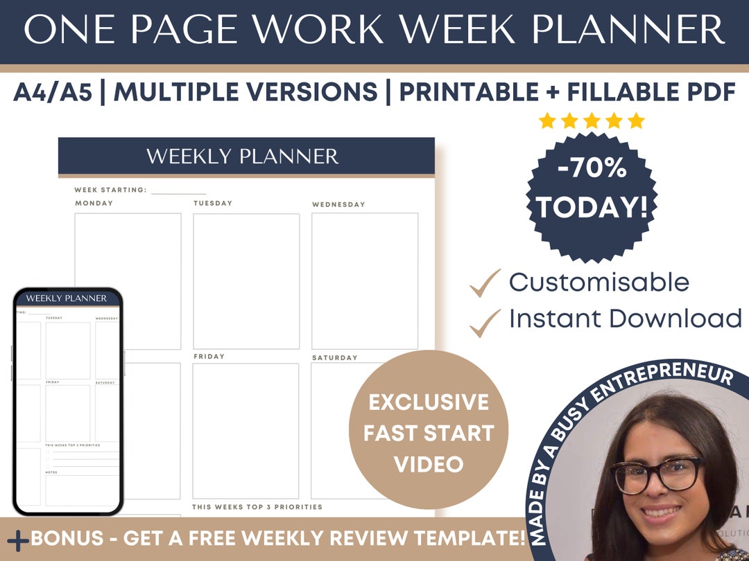 One Page Work Week Planner Printable One Page Week Planner - Etsy