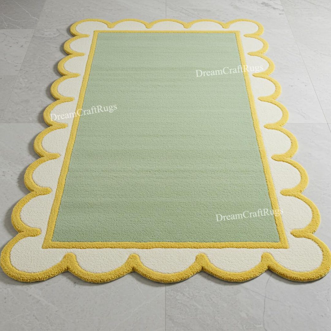 Hand Tufted Wool Area Rug: Green Scallop Border - Etsy