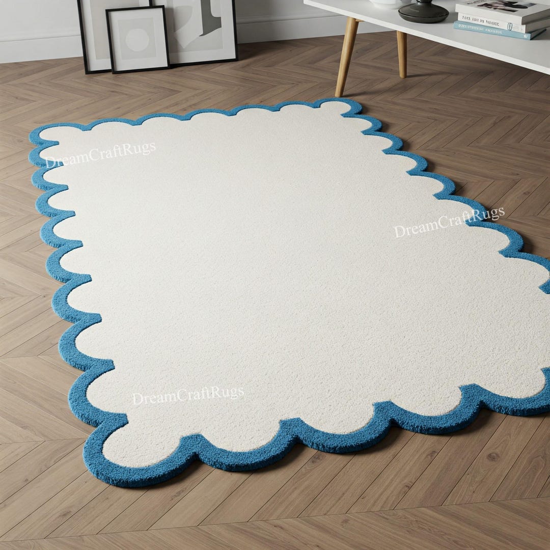 Hand Tufted Wool Area Rug: White & Sky Blue Scallop Design - Etsy