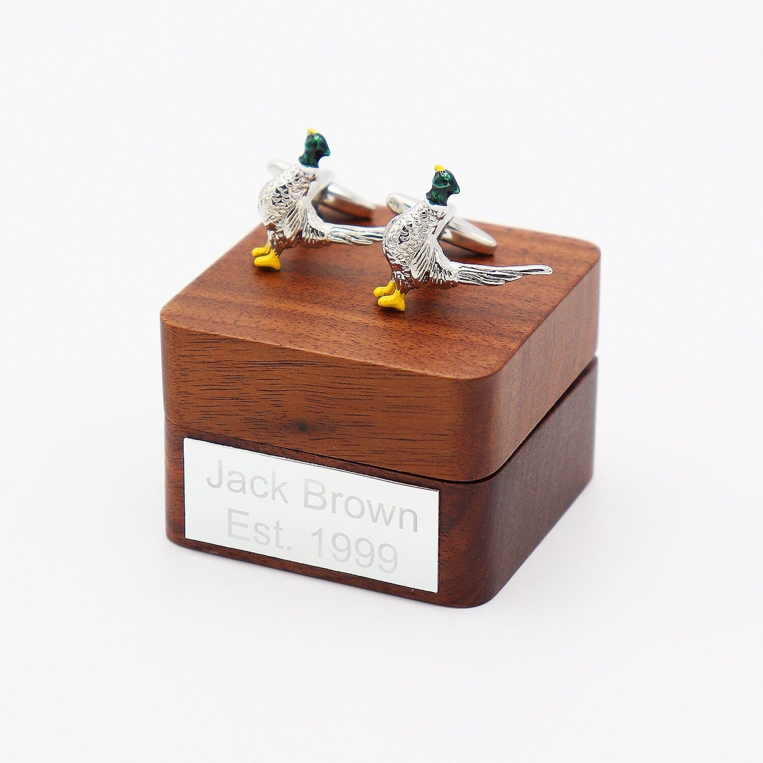 Personalised Rhodium Plated Pheasant Cufflinks | Custom Cuff Links Gift ...