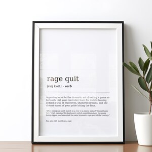 Funny Rage Quit Definition Wall Art Gamer Definition Print Funny Gaming ...