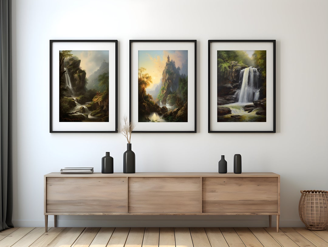 Set of 3 Waterfall Prints Nature Wall Art Nature Painting Landscape ...