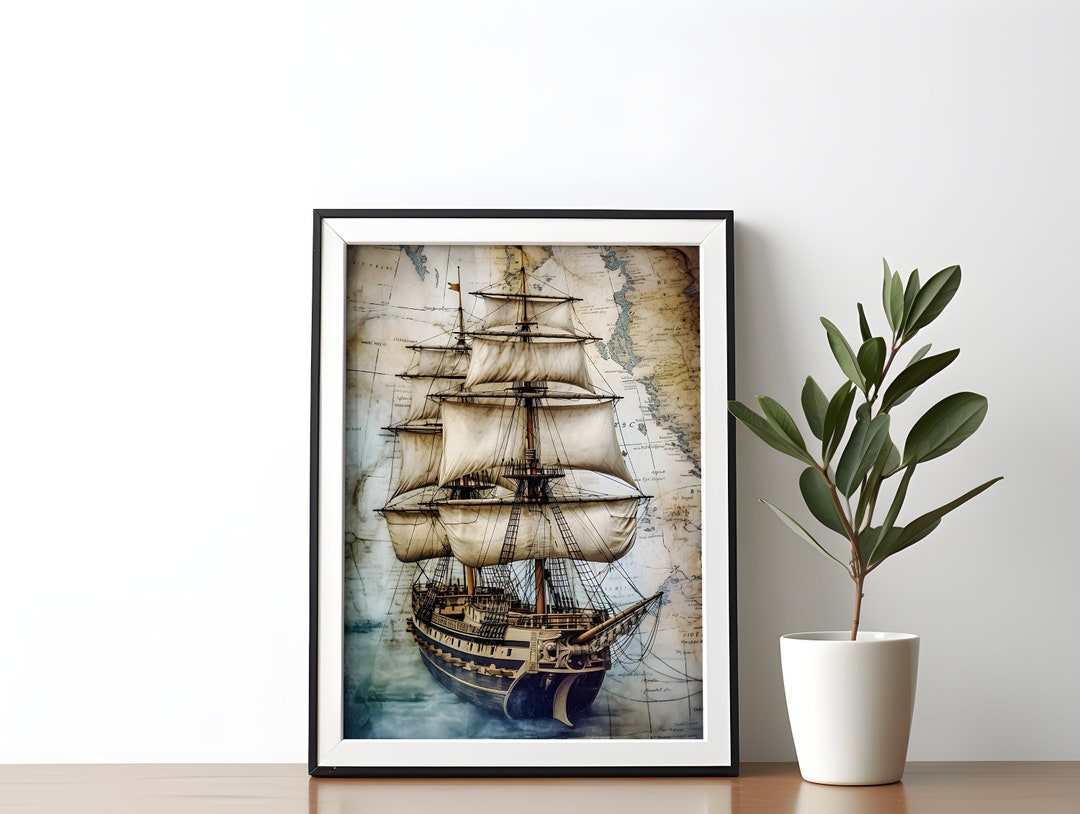 Vintage Ship Sailing Through World Map Wall Art Nautical Wall Art World ...