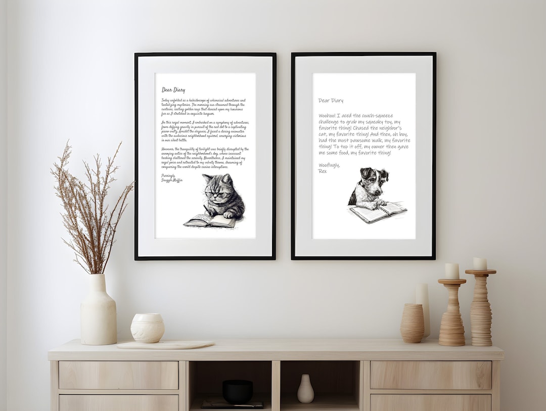 Funny Cat and Dog Diary Poster Cat Wall Art Dog Wall Decor Printable ...
