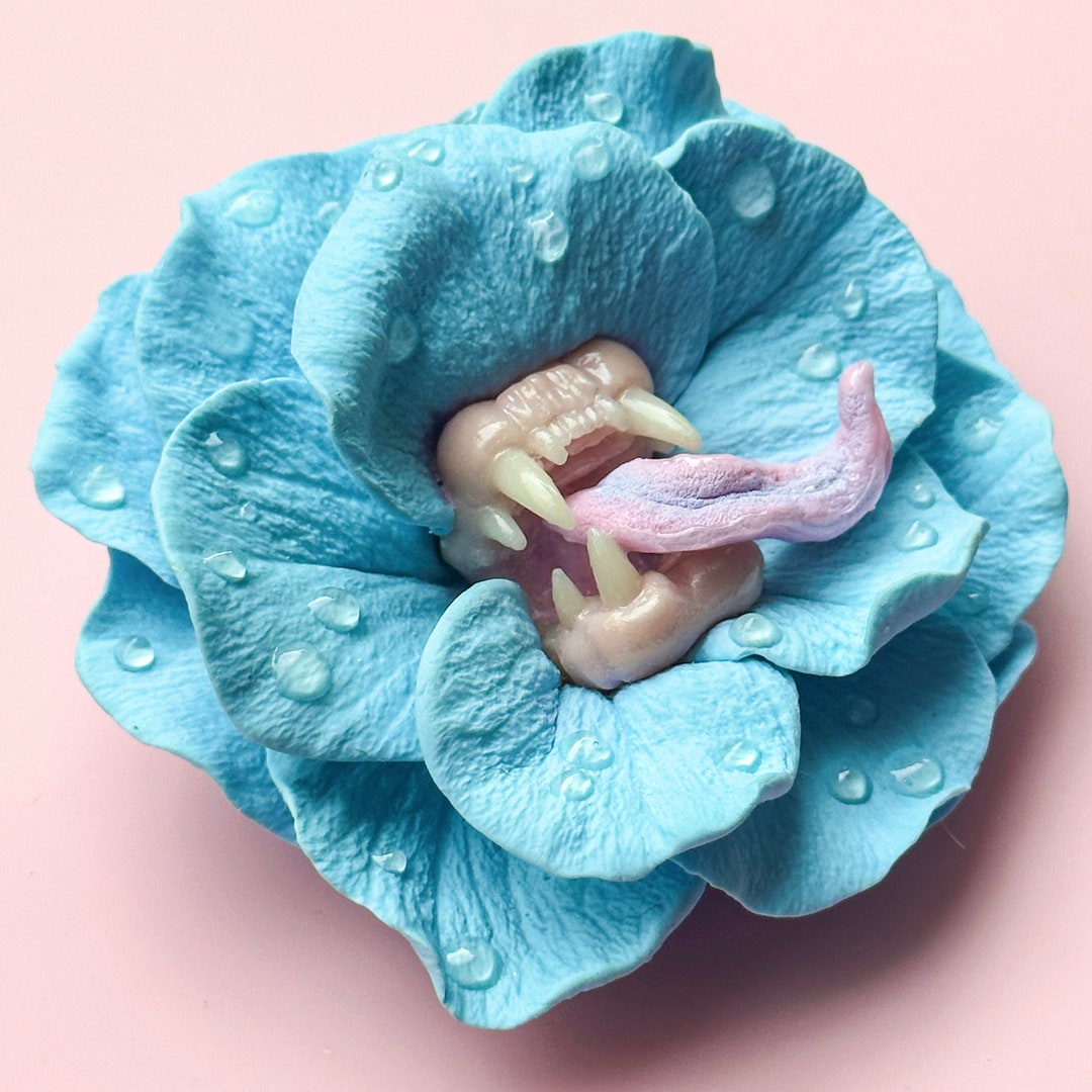 Blue Rose Flower Brooch. Predatory Flower With Jaws and a Tongue From ...