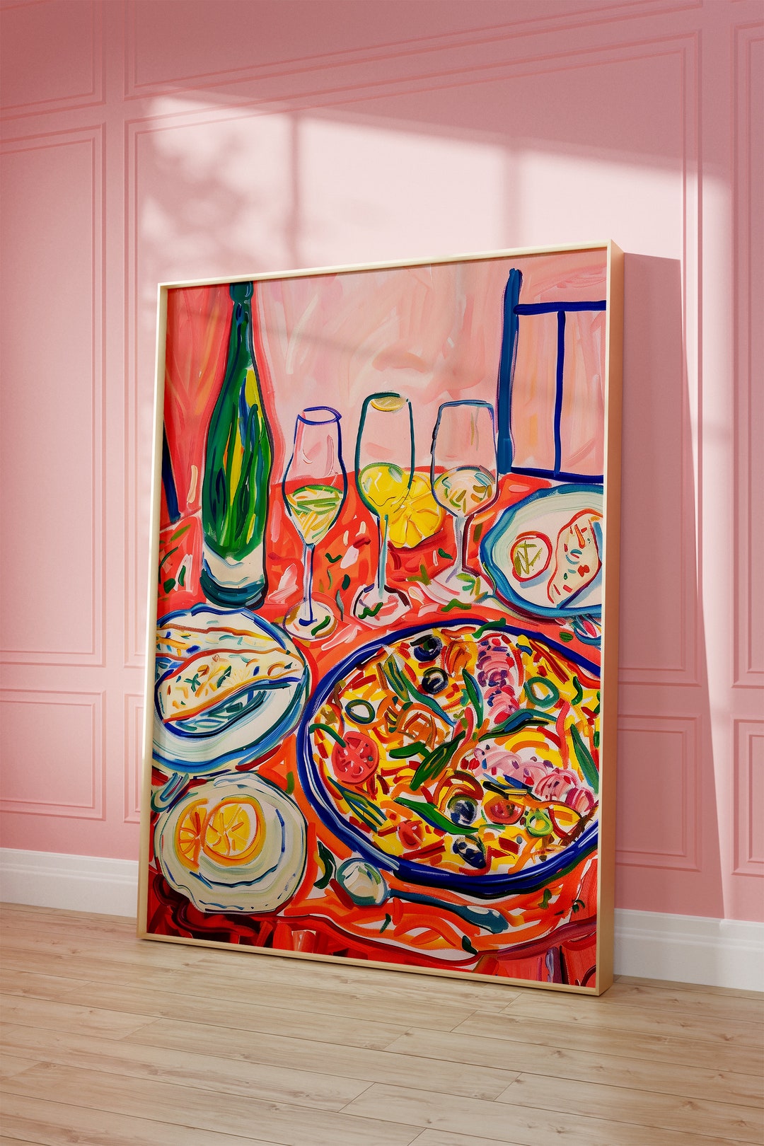 Italian Dinner Poster: Retro Food Art Print, Pink Kitchen Decor ...