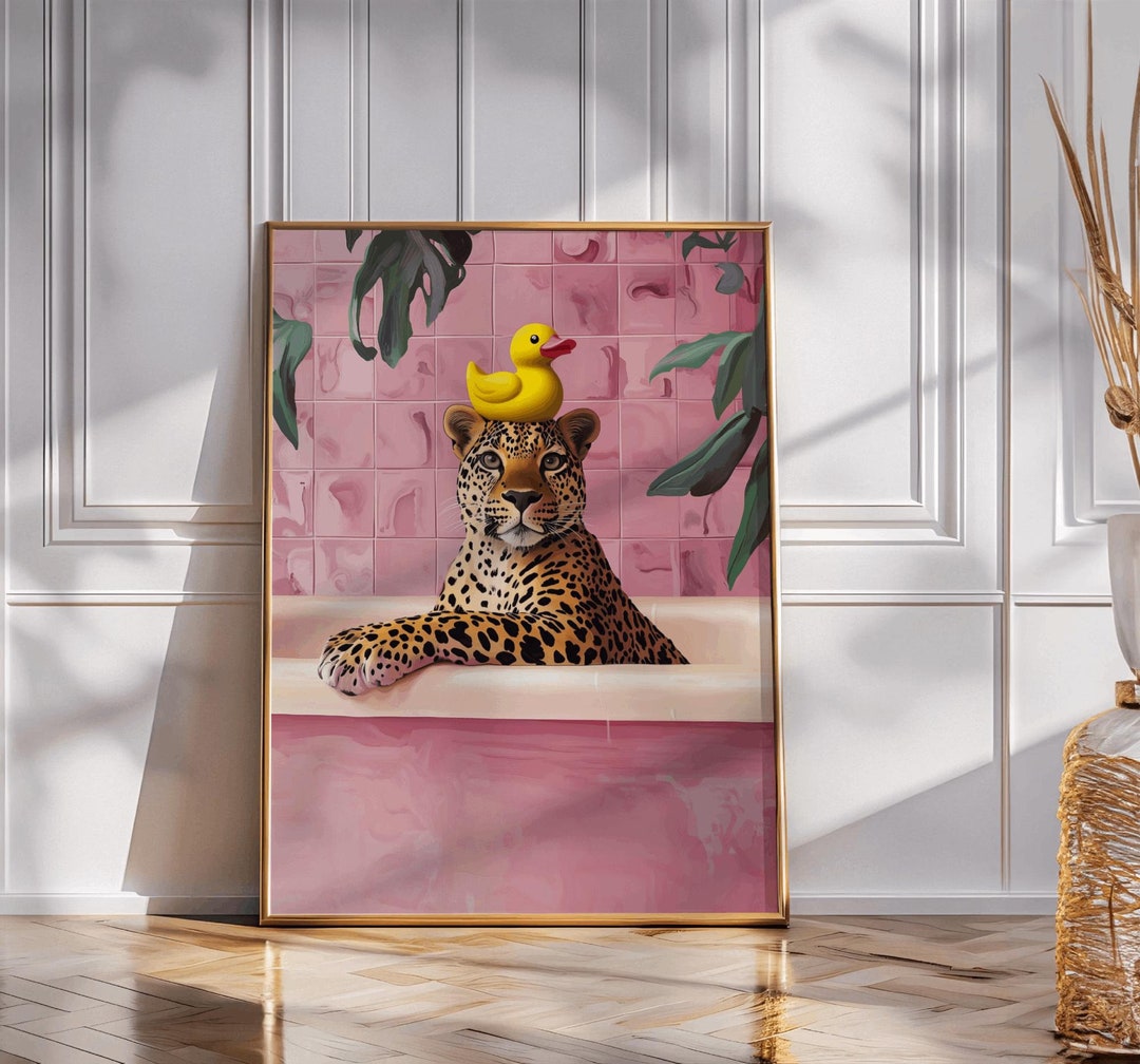 Cheetah and Rubber Duck Bath Time Poster - Pink, Dopamine Print ...