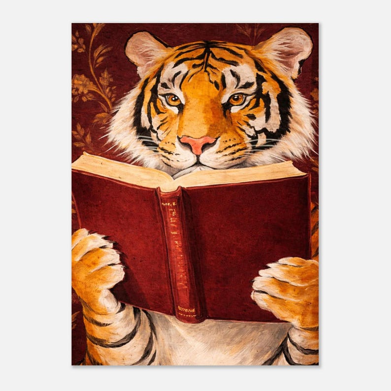 Tiger Reading Poster – Rich Burgundy Library Wall Art, Cozy Book Lover ...