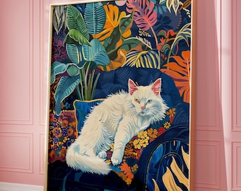 White Cat Relaxing on Blue Sofa Botanical Interior Decor Poster Cat Art ...