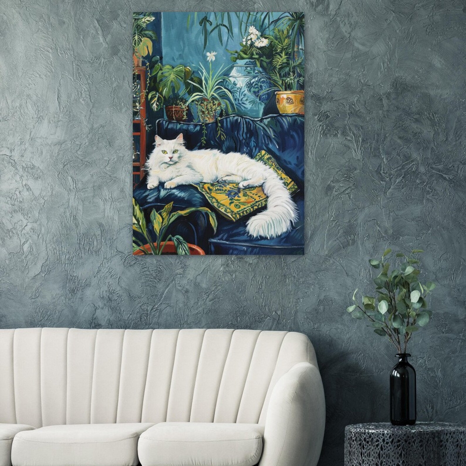 White Cat Relaxing on Blue Sofa Botanical Interior Decor Poster Cat Art ...