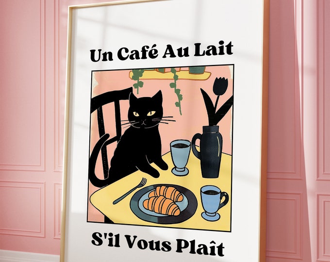 French Cafe Au Lait Cat Print, Retro Drink Poster, Bistro Coffee ...