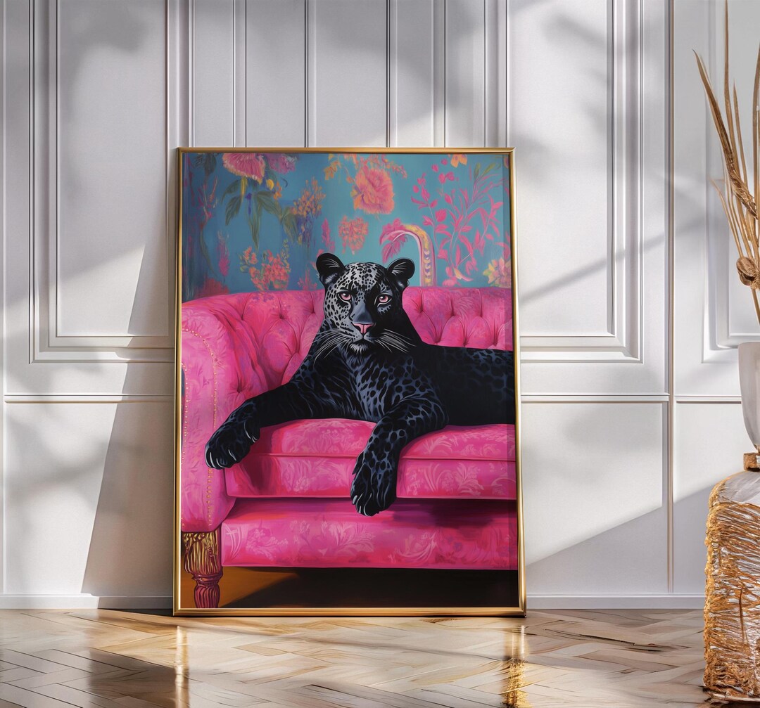 Black Panther on a Pink Sofa Art Print - Vibrant Colorful Poster, Wall ...