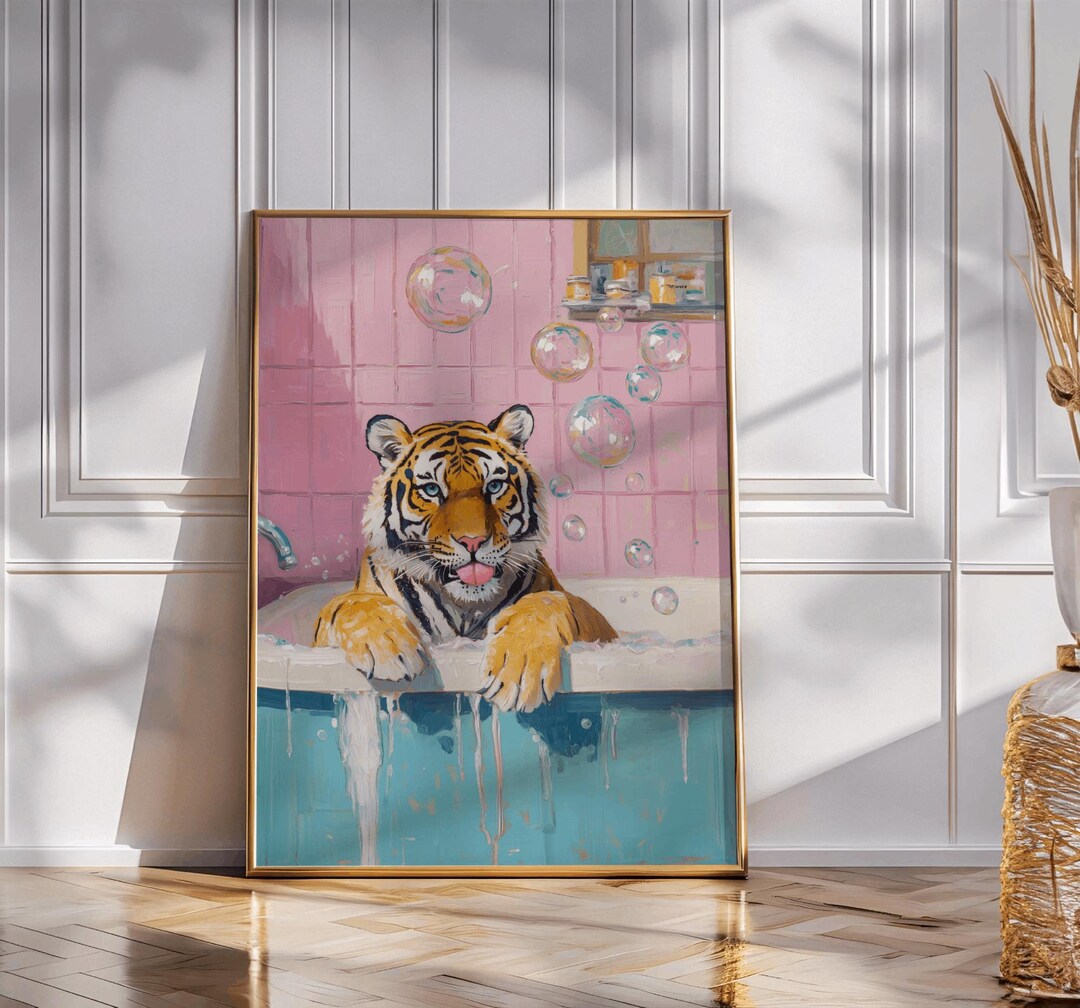 Tiger Bubble Bath Time Poster - Pink Decor, Dopamine Art Print ...