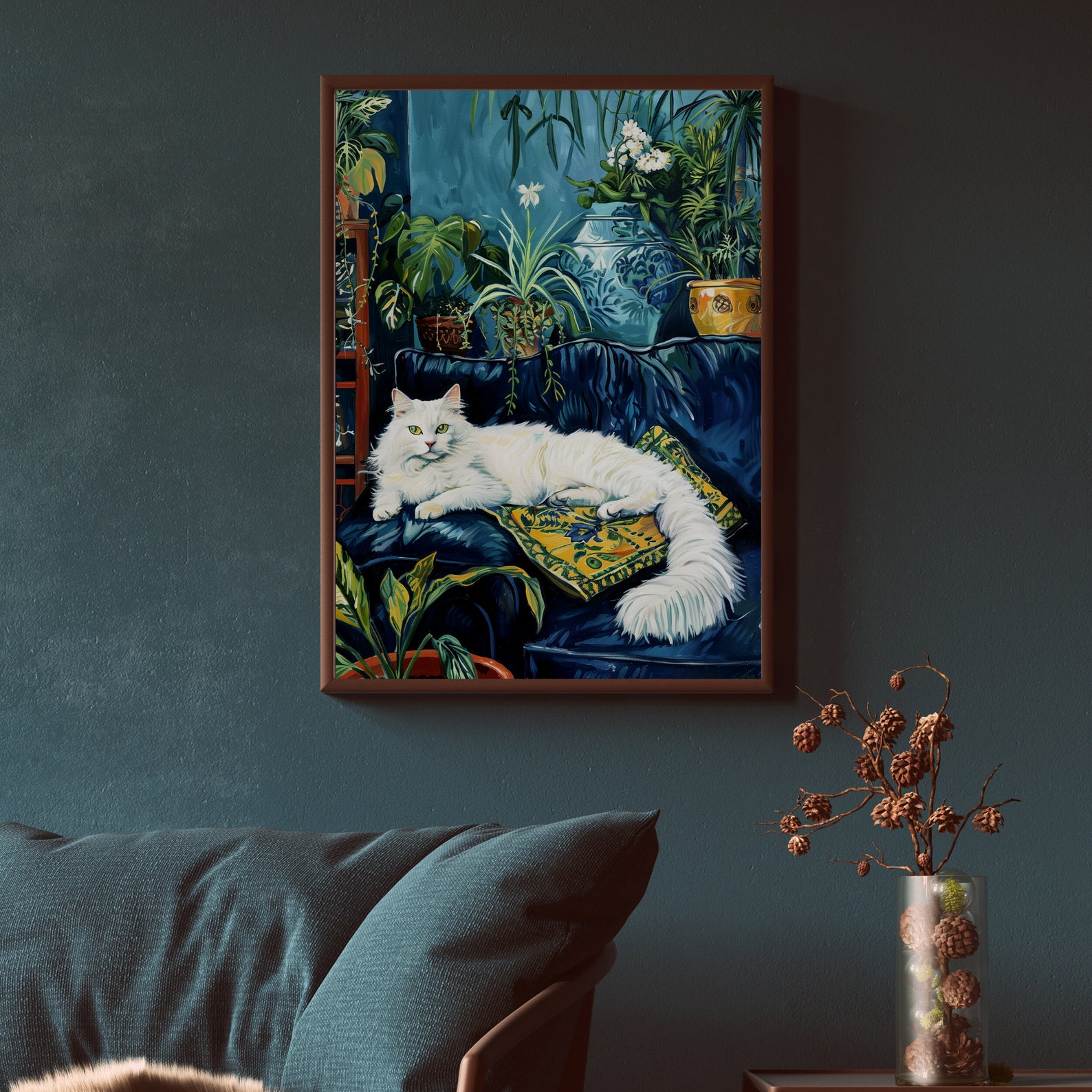 White Cat Relaxing on Blue Sofa Botanical Interior Decor Poster Cat Art ...