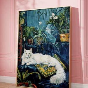 White Cat Relaxing on Blue Sofa - Botanical Interior Decor Poster - Cat ...