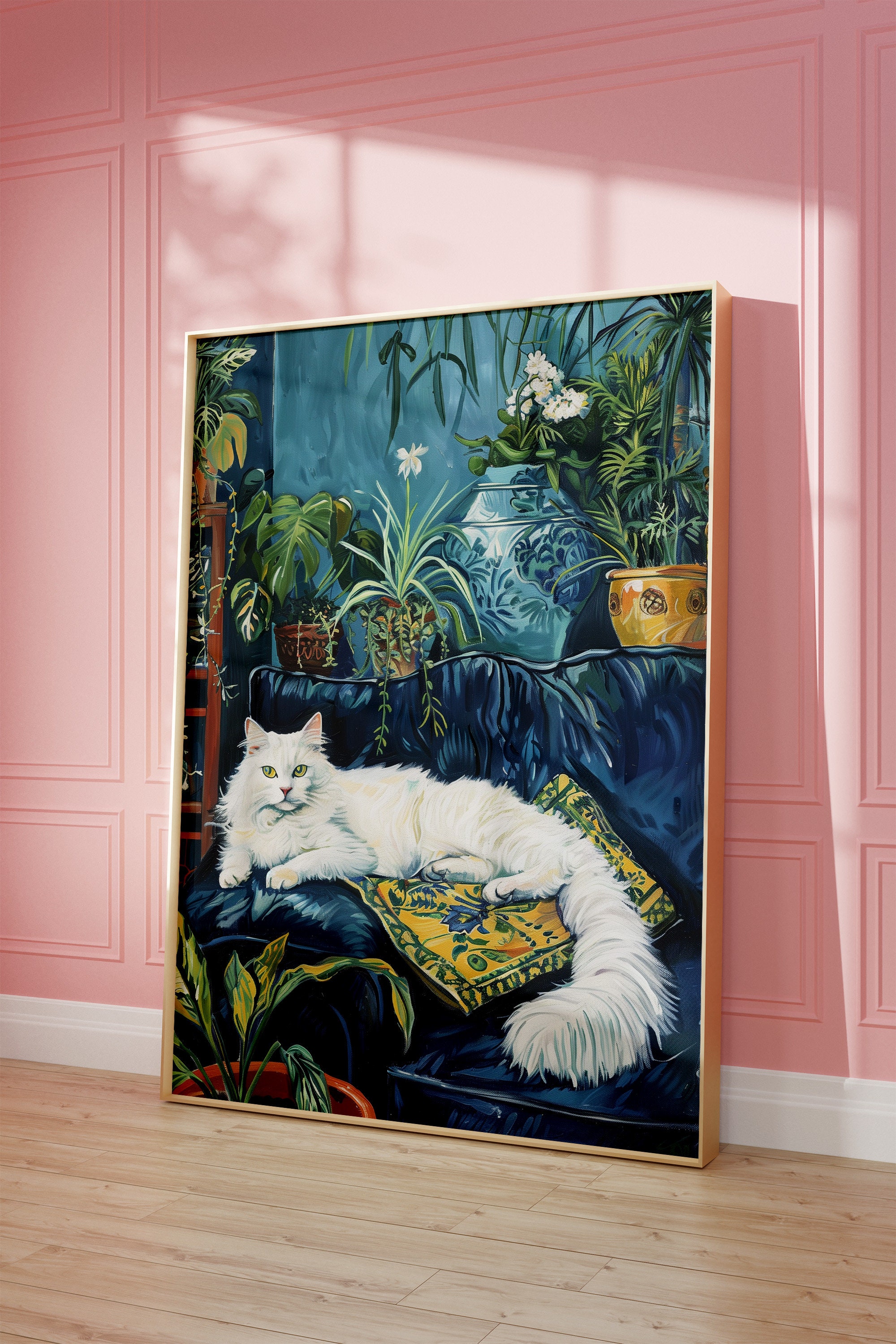 White Cat Relaxing on Blue Sofa Botanical Interior Decor Poster Cat Art ...