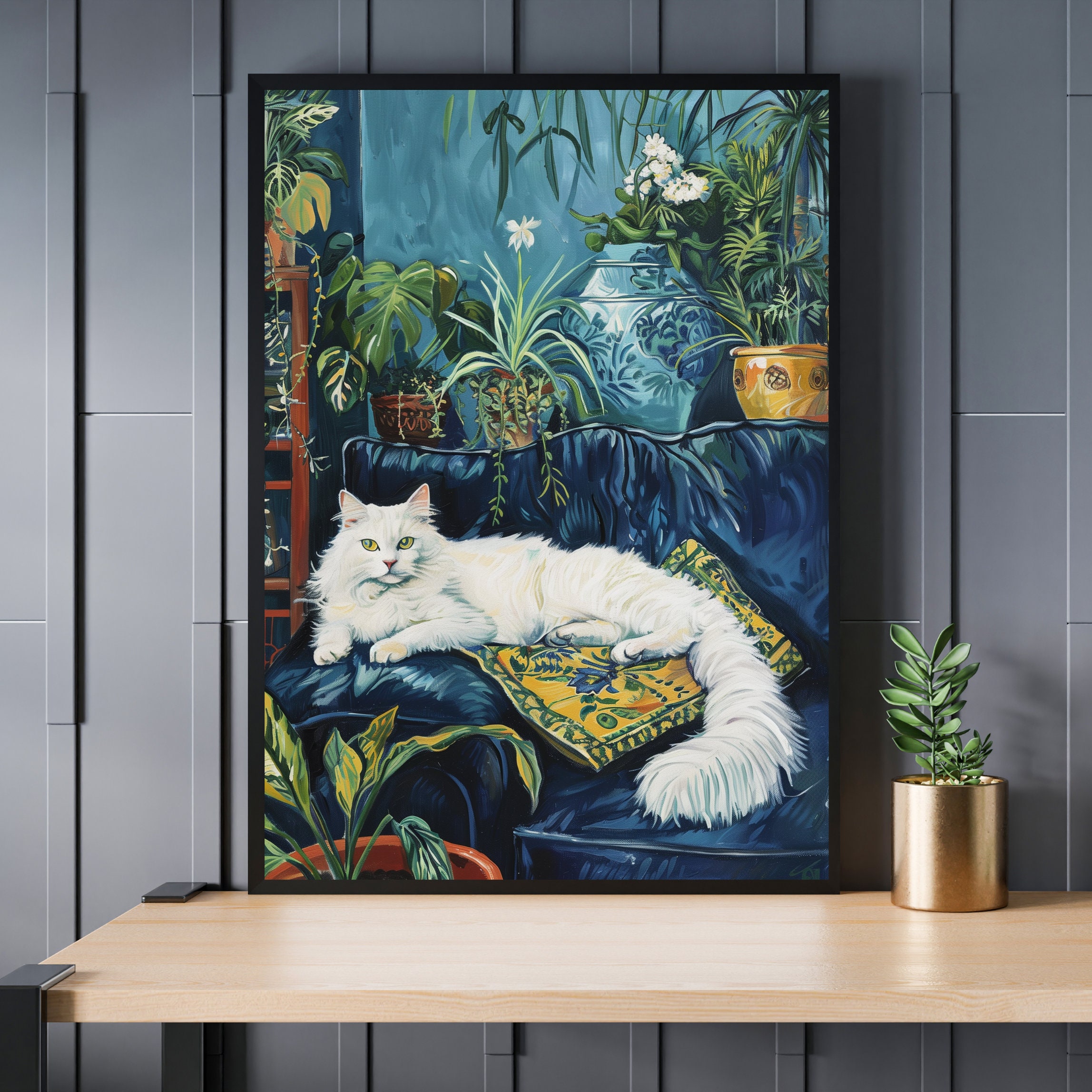 White Cat Relaxing on Blue Sofa Botanical Interior Decor Poster Cat Art ...