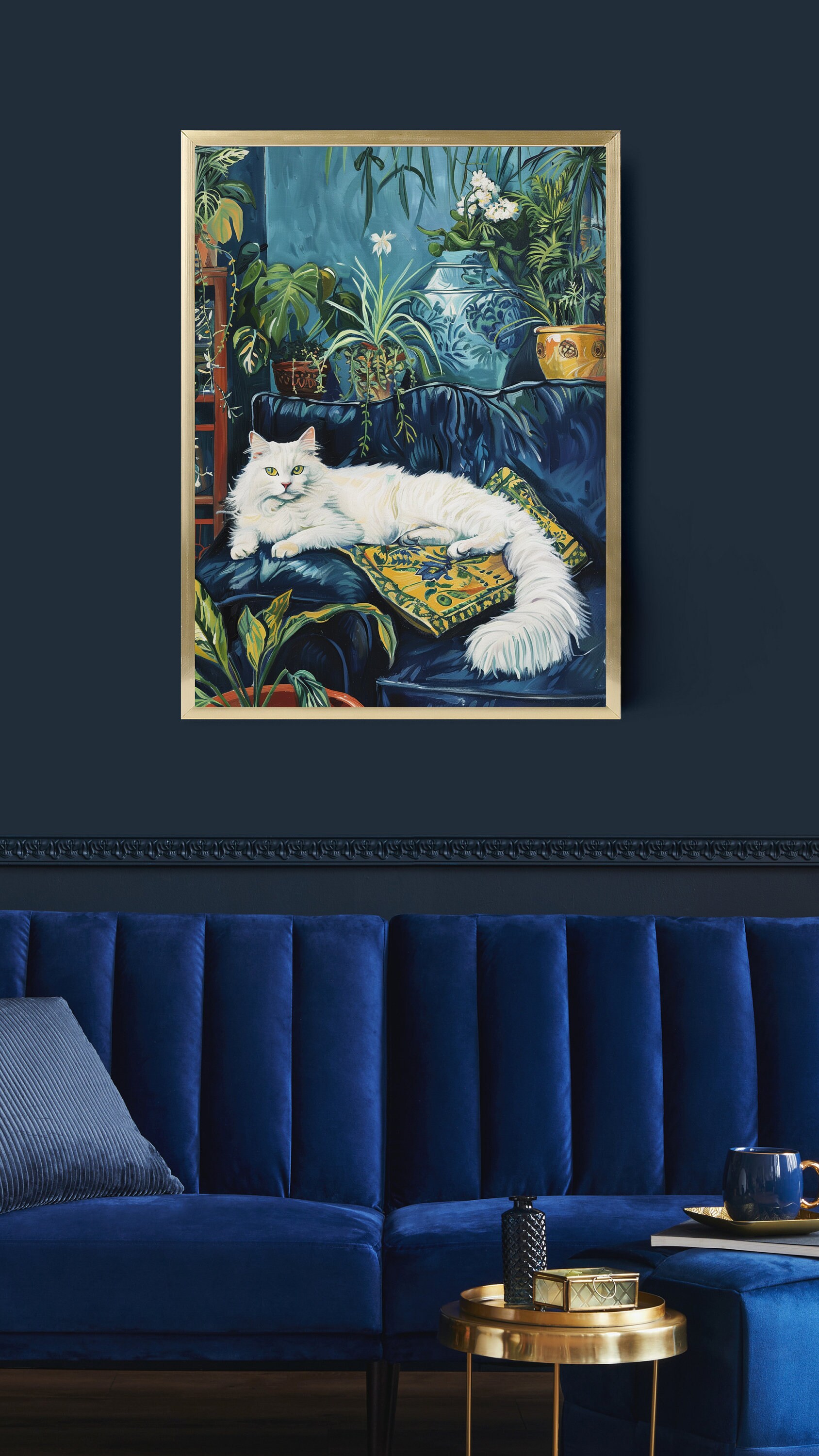 White Cat Relaxing on Blue Sofa Botanical Interior Decor Poster Cat Art ...