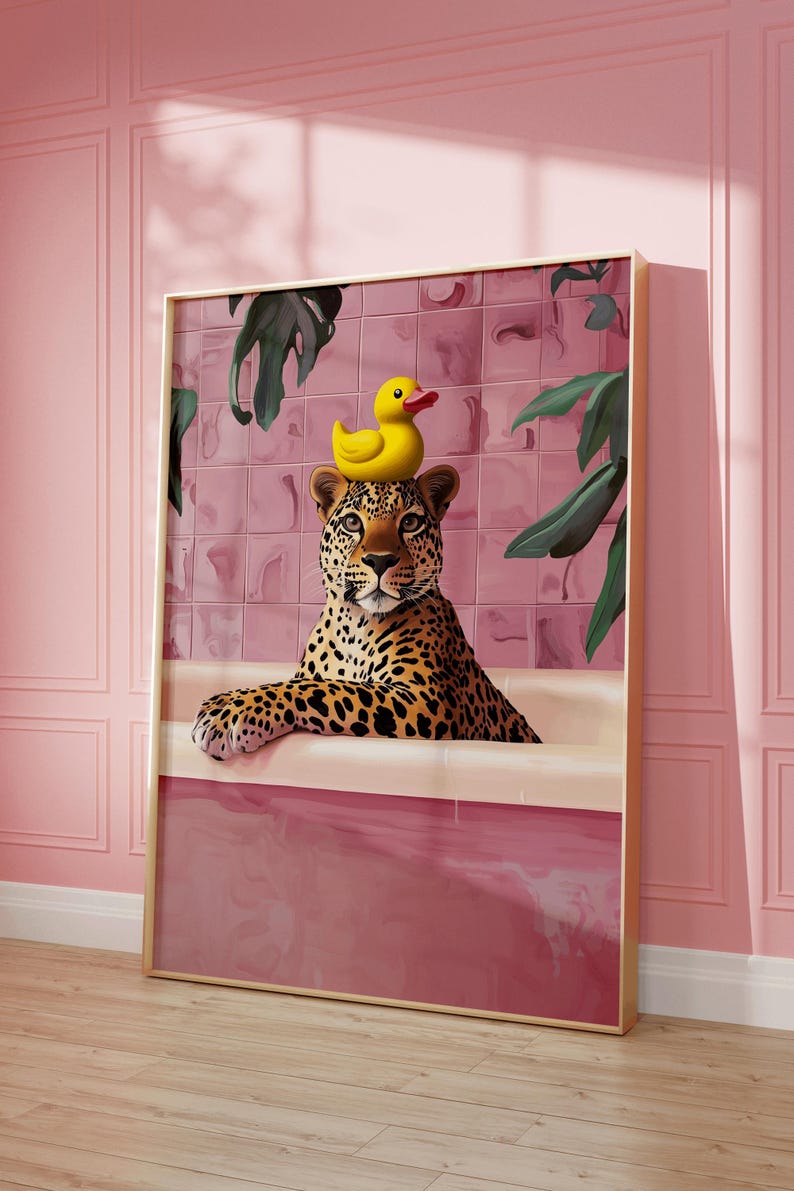 Cheetah and Rubber Duck Bath Time Poster Pink, Dopamine Print, Eclectic ...