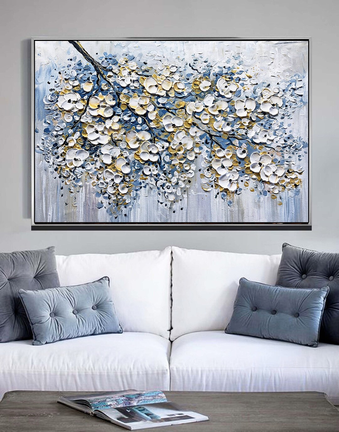 3D Abstract White Cherry Blossom Tree Acrylic Painting Textured Gold ...