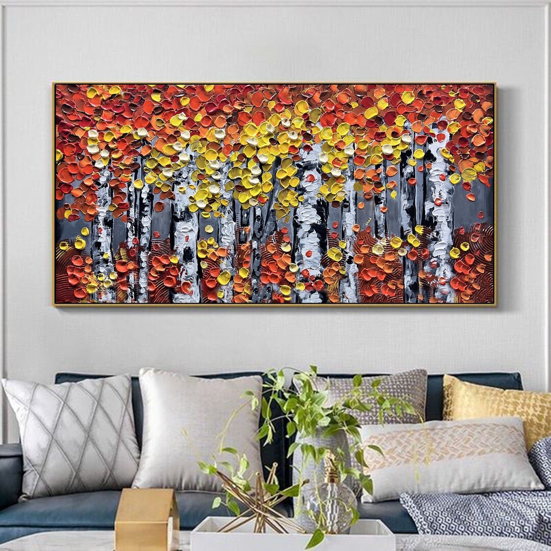 Thick Textured Birch Tree Painting on Canvas Red Yellow Aspen Forest ...