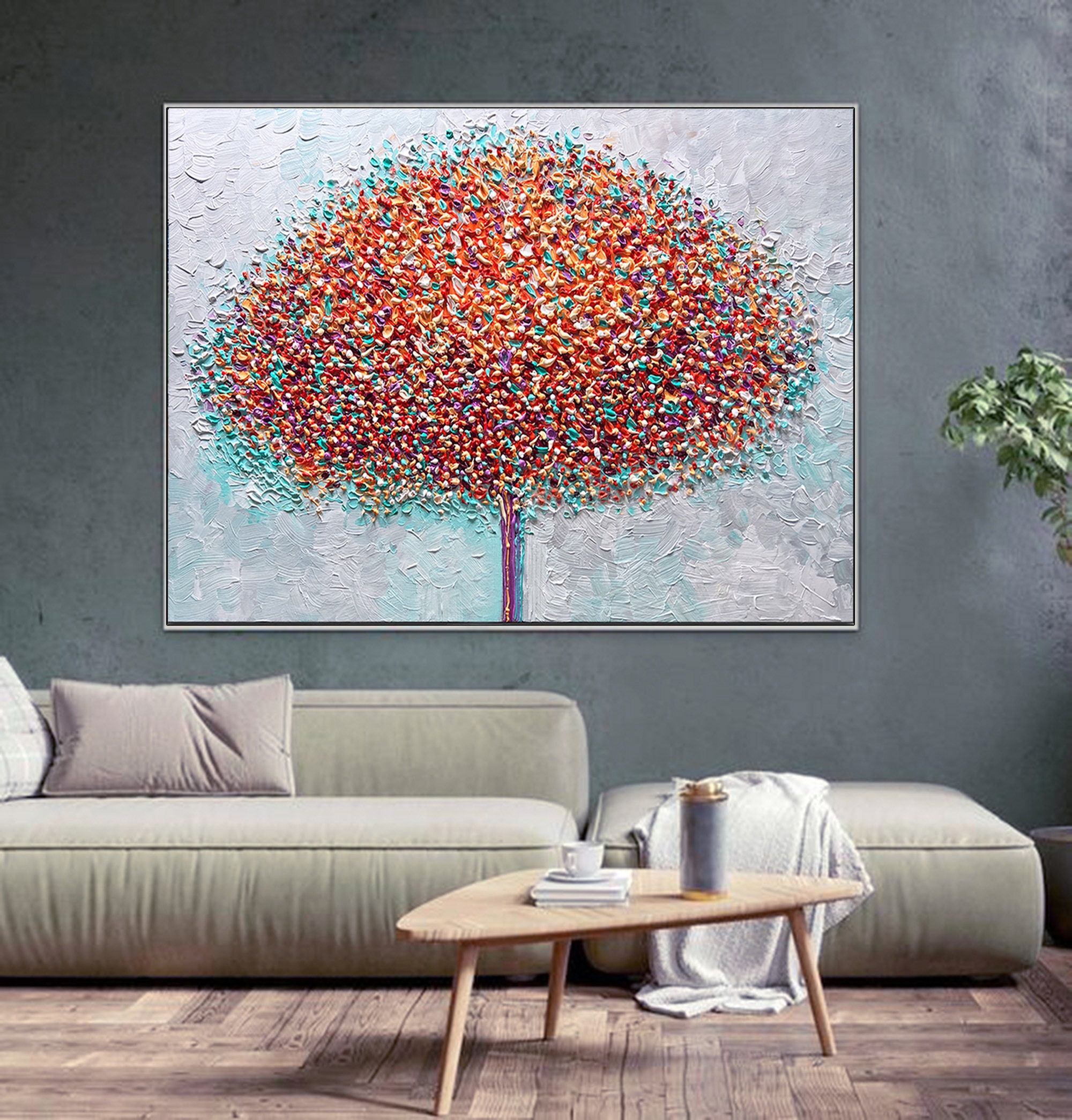 Large Blooming Tower Tree Painting on Canvas Abstract Colorful Tree ...