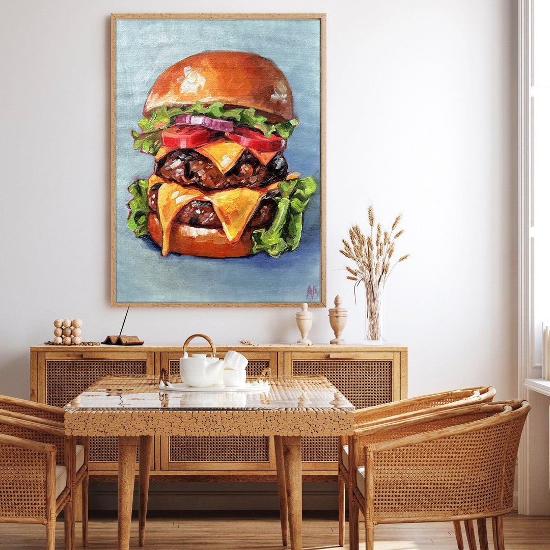 Cheesy Cheeseburger Oil Painting – Made-to-order Canvas Art for Kitchen ...