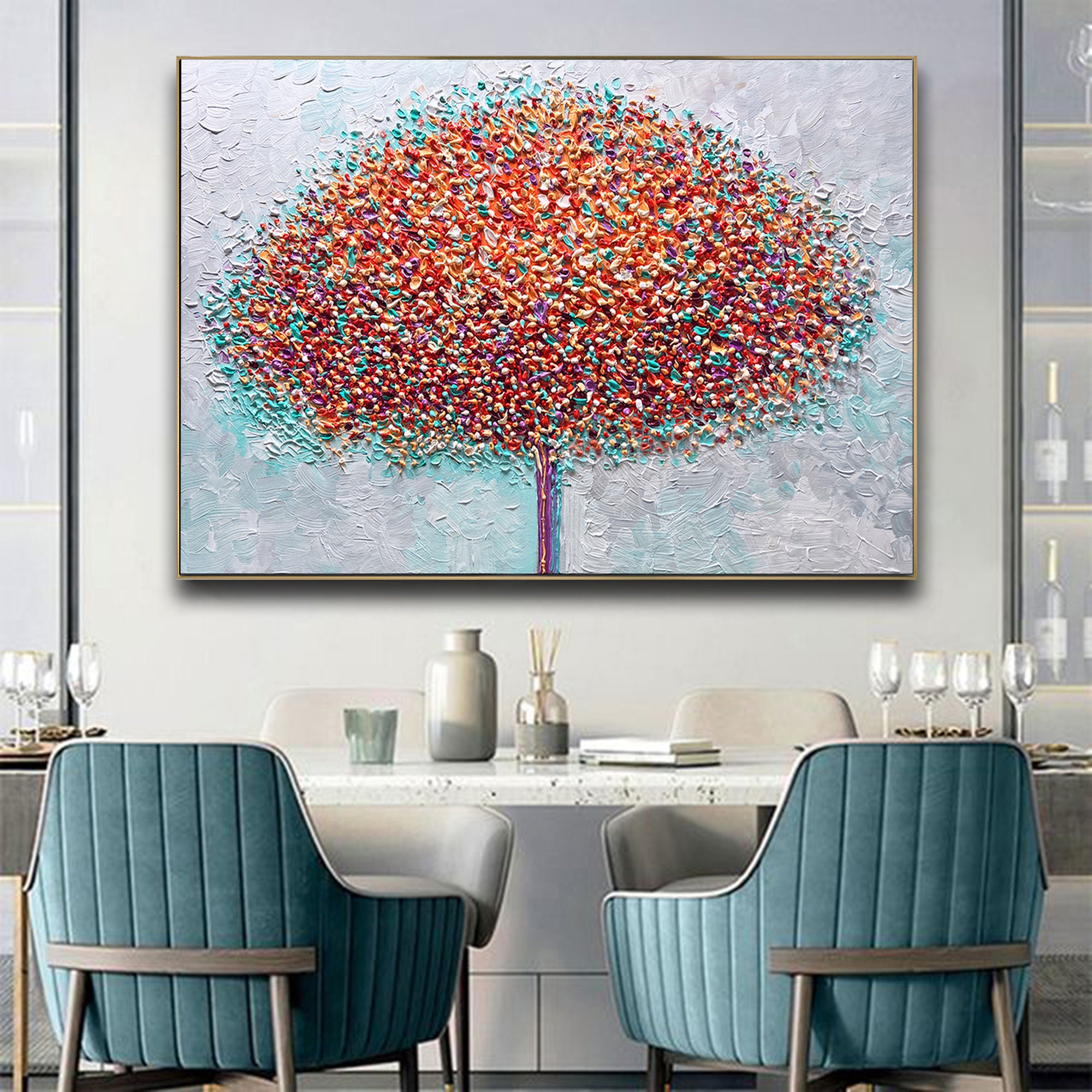 Large Blooming Tower Tree Painting on Canvas Abstract Colorful Tree ...