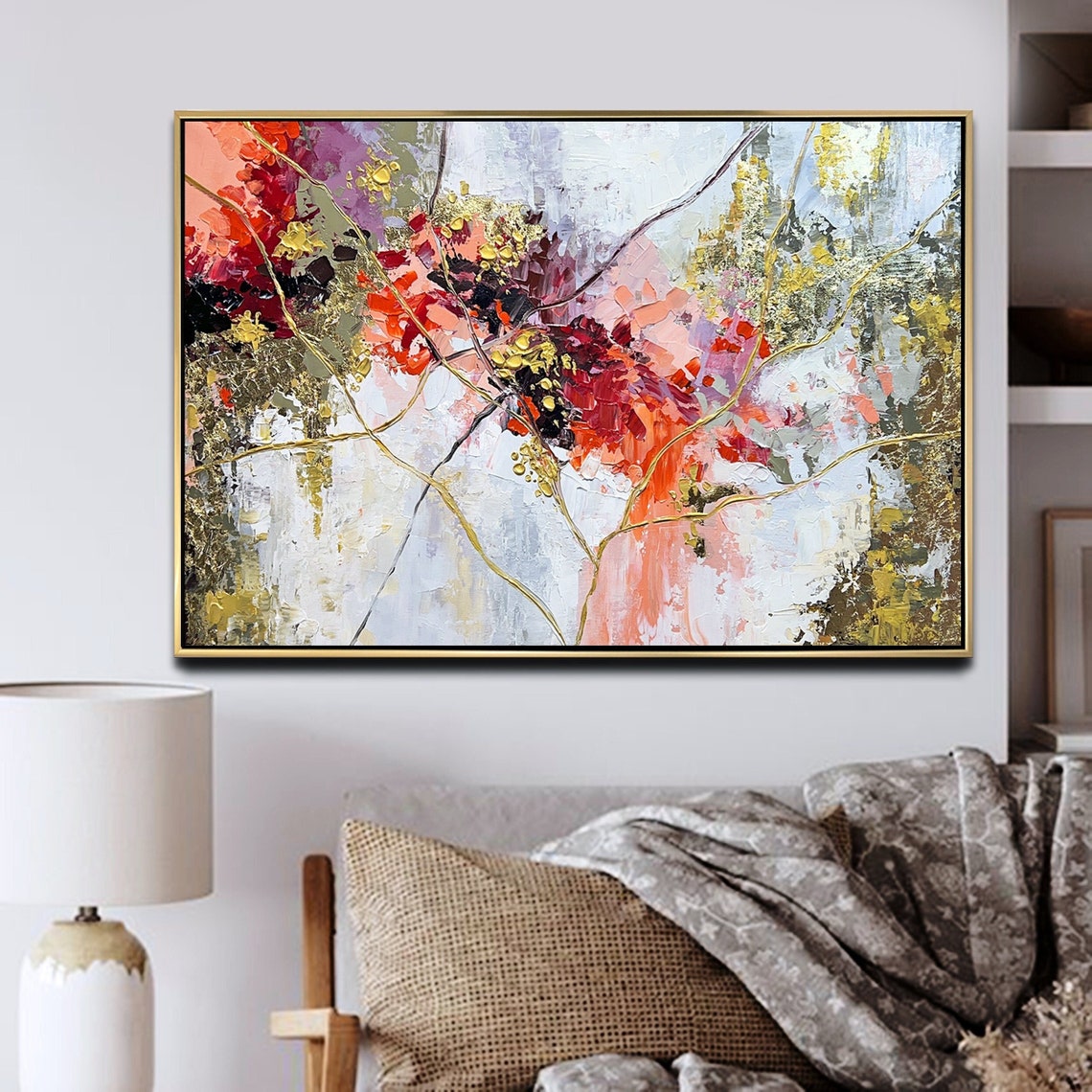 Large Colorful Abstract Texture Painting Red Gold Abstract Painting ...