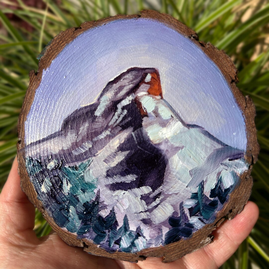Twilight Mountain - Hand Painted Mount With Purple Sky on Wood Winter ...
